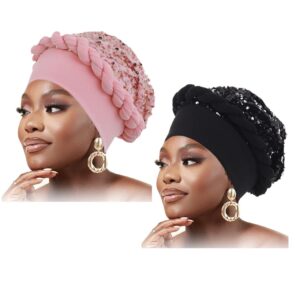 woeoe women's turban head wraps sequins beanie cap headwrap pre tied braid head cover cap headwear for black women(pack of 2) (black, pink)