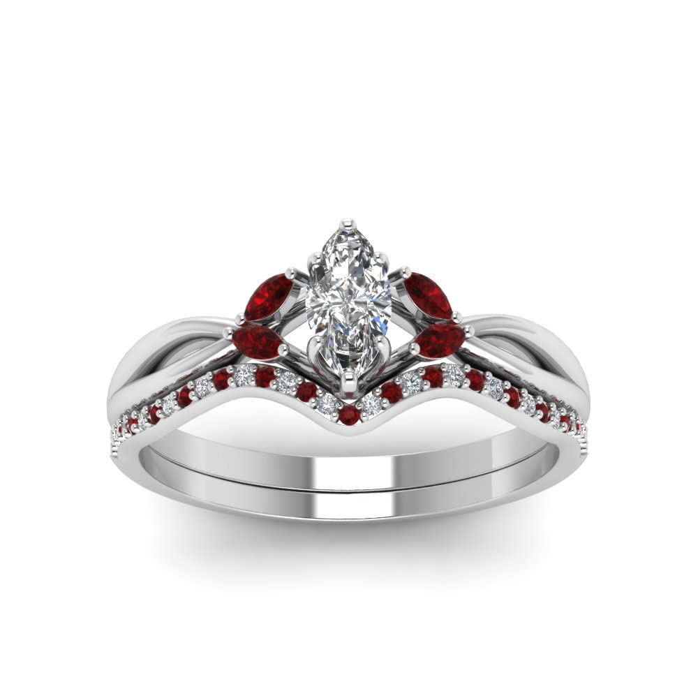 CaratYogi Marquise Cut Twisted Diamond Bridal Set sterling silver Created Ruby Marquise shape Red color Wedding Ring Sets prong Setting in Size 5 Party Wear Daily Wear Ornament