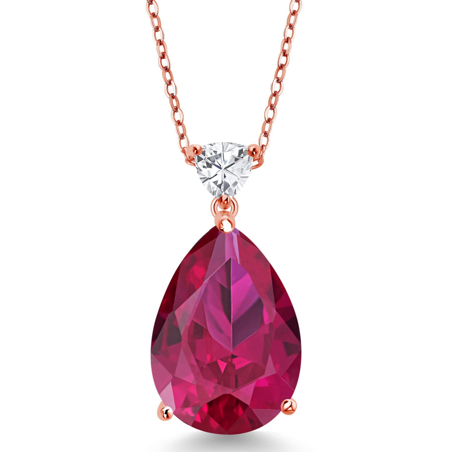 Gem Stone King 18K Rose Gold Plated Silver Pear Shape Red Created Ruby Pendant Necklace For Women 13.77 Cttw, with 18 Inch Chain)