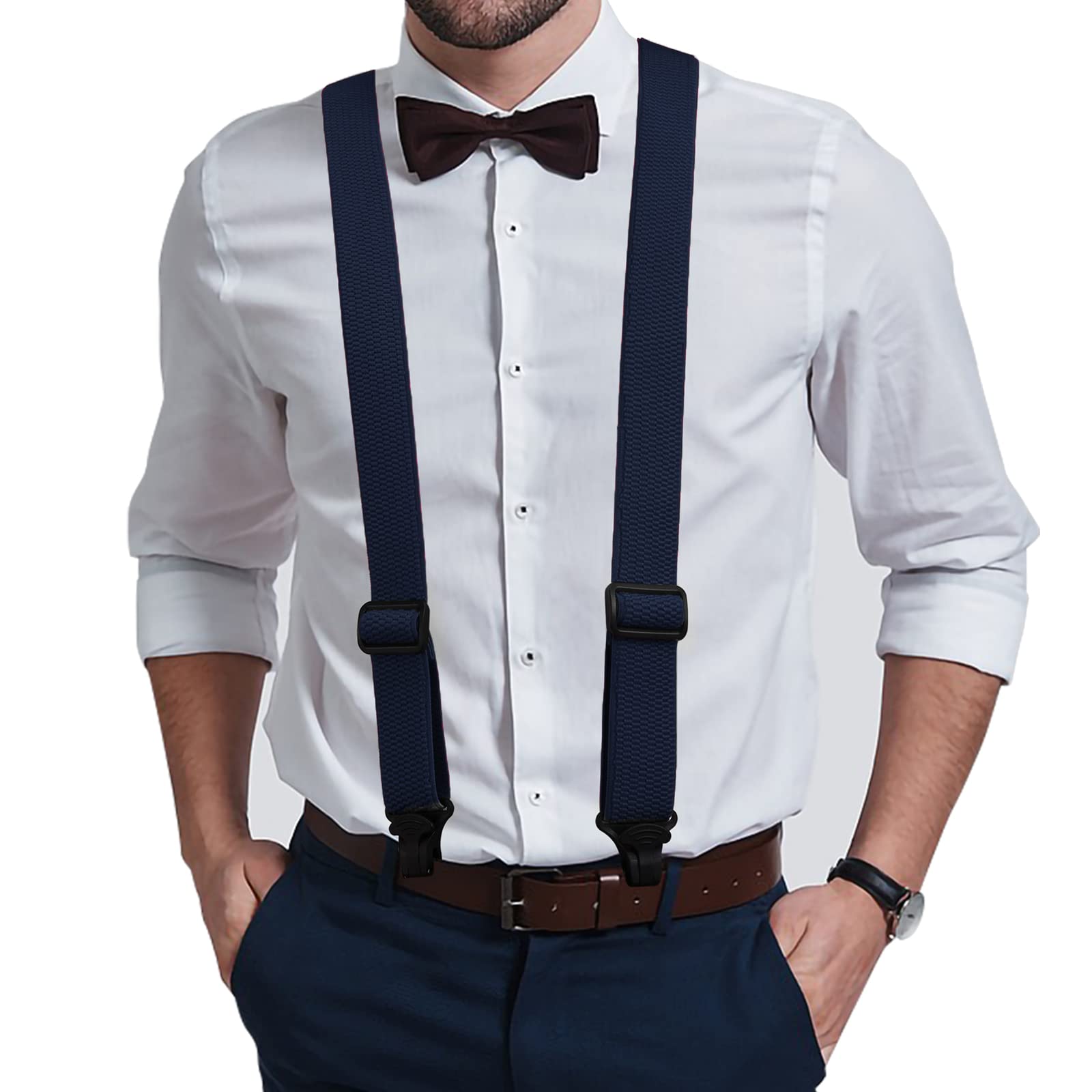 Buyless Fashion Heavy Duty Suspenders for Men - 48" Adjustable Straps 1 1/2" - X Back with Black Plastic Clips - 5147-Navy