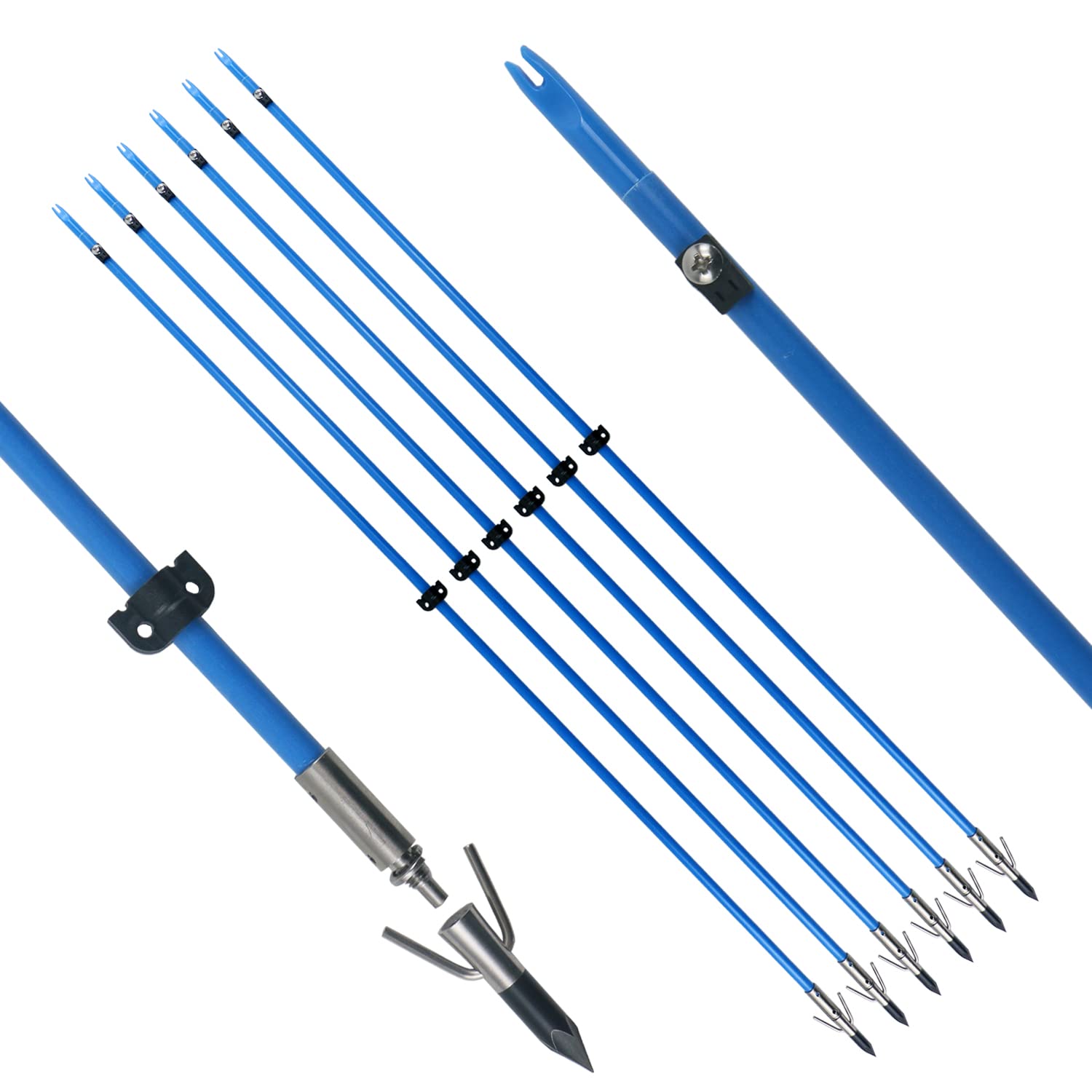 Tiger Archery 34inch Bowfishing Arrows Solid Fiberglass Shaft with Broadhead for Compound Bow and Recurve Bow Fishing Arrow Archery and Hunting (Pack of 6) (Blue)