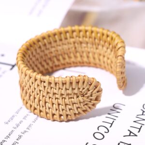 HSWE Rattan Bracelet for Women Handmade Lightweight Straw Wicker Braid Cuff Bangle Bracelet Statement Adjustable Bohemian Rattan Woven Chunky Bracelets for Summer Wrist Jewelry