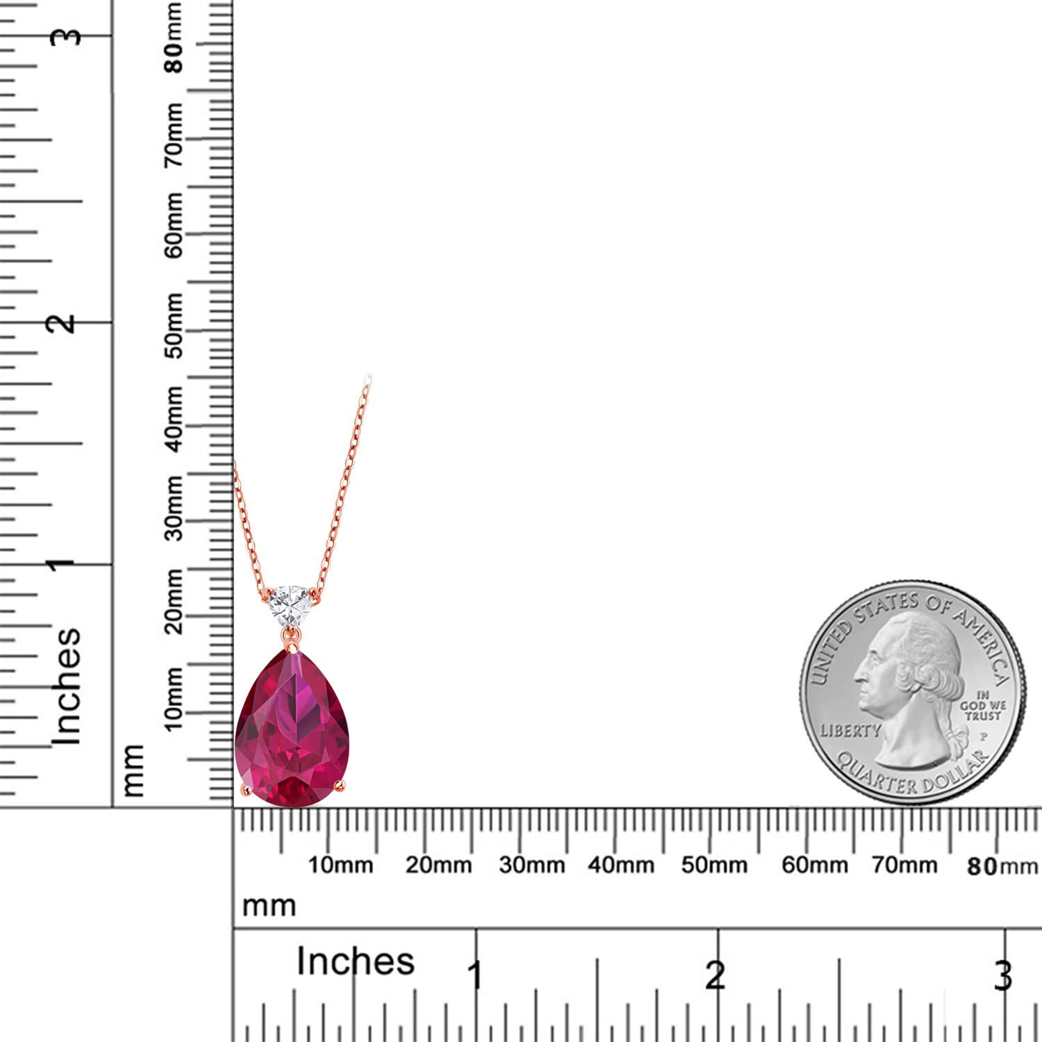 Gem Stone King 18K Rose Gold Plated Silver Pear Shape Red Created Ruby Pendant Necklace For Women 13.77 Cttw, with 18 Inch Chain)