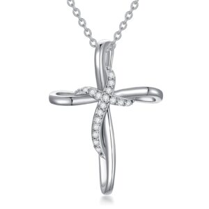 sisgem s925 sterling silver cross necklace with diamond for women teen girls, double cross pendant necklace natural diamond jewerly gifts for birthday mothers day 18+2 inch (sterling silver- white)