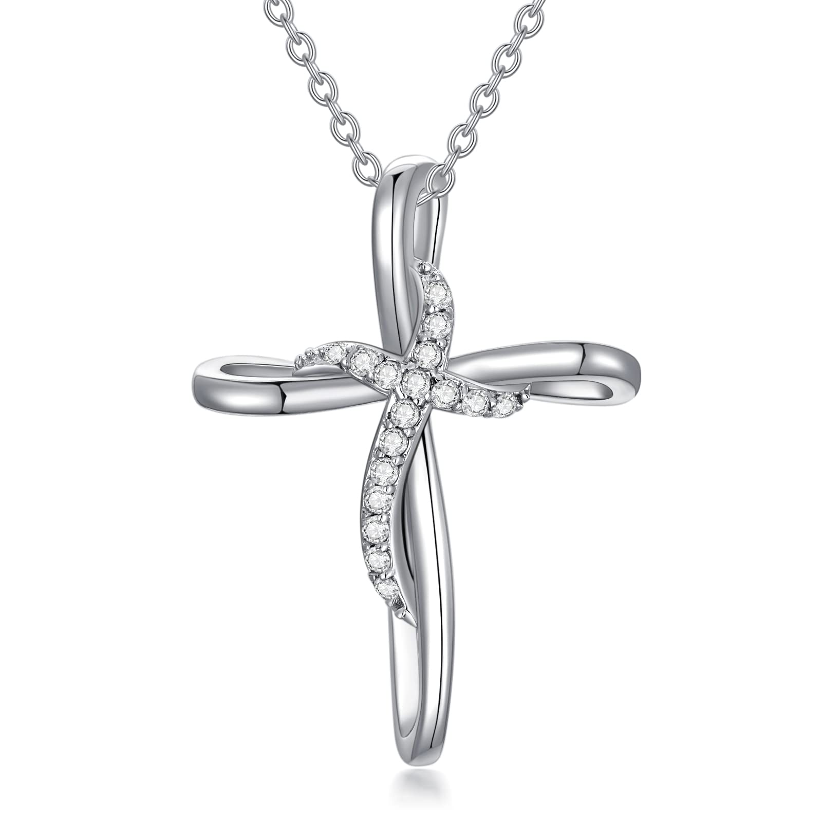 SISGEM S925 Sterling Silver Cross Necklace with Diamond for Women Teen Girls, Double Cross Pendant Necklace Natural Diamond Jewerly Gifts for Birthday Mothers Day 18+2 inch (Sterling Silver- White)