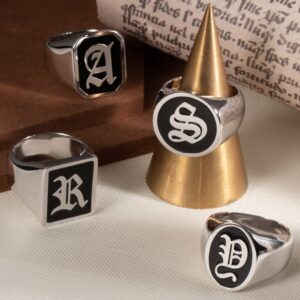 AILIN Custom Old English Gothic Initial Rings for Men 925 Sterling Silver Personalized Letter Signet Band Rings Father Day Jewelry Birhday Gifts for Friends Dad Women