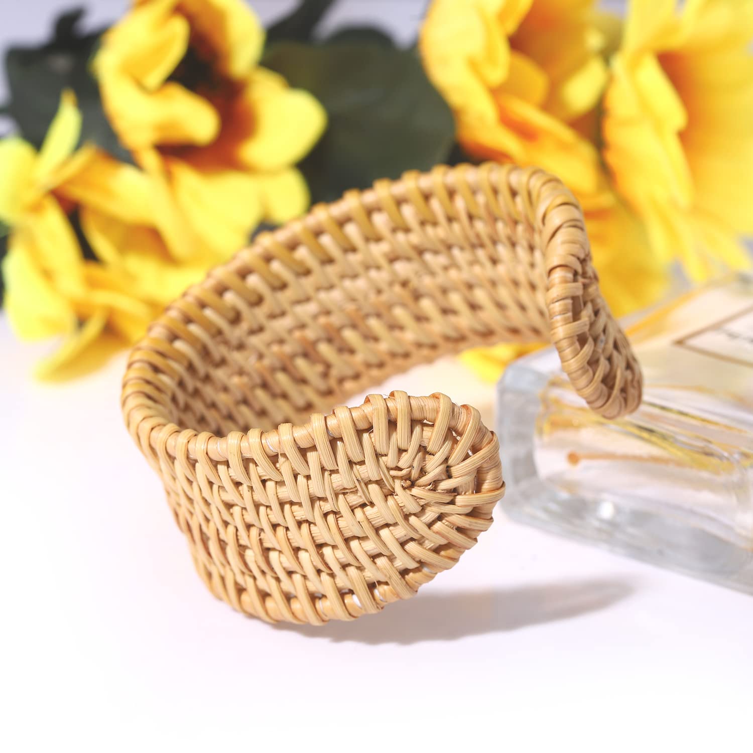 HSWE Rattan Bracelet for Women Handmade Lightweight Straw Wicker Braid Cuff Bangle Bracelet Statement Adjustable Bohemian Rattan Woven Chunky Bracelets for Summer Wrist Jewelry