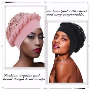 Woeoe Women's Turban Head Wraps Sequins Beanie Cap Headwrap Pre Tied Braid Head Cover Cap Headwear for Black Women(Pack of 2) (Black, Pink)