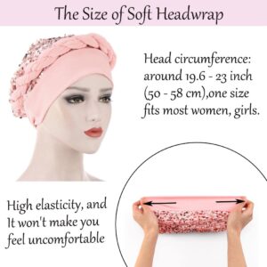 Woeoe Women's Turban Head Wraps Sequins Beanie Cap Headwrap Pre Tied Braid Head Cover Cap Headwear for Black Women(Pack of 2) (Black, Pink)