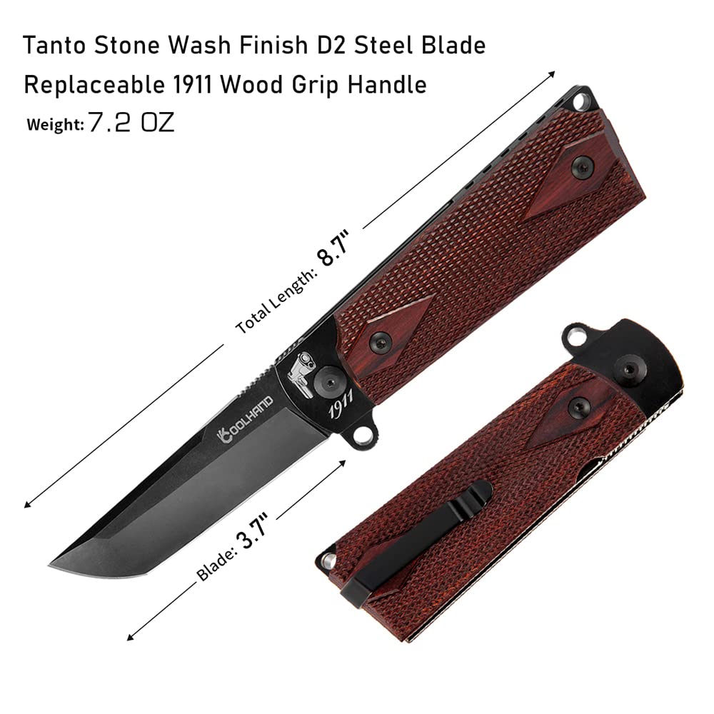 Cool Hand Heavy Duty EDC Folding Knife, Ball Bearing Survival Hunting Knives, 3.6" Tanto Stone Wash Finish D2 Steel Blade, 4.9'' Replaceable 1911 Wood Grip Handle, Liner Lock Mechanism