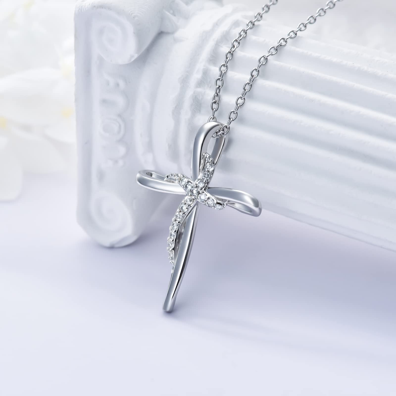 SISGEM S925 Sterling Silver Cross Necklace with Diamond for Women Teen Girls, Double Cross Pendant Necklace Natural Diamond Jewerly Gifts for Birthday Mothers Day 18+2 inch (Sterling Silver- White)