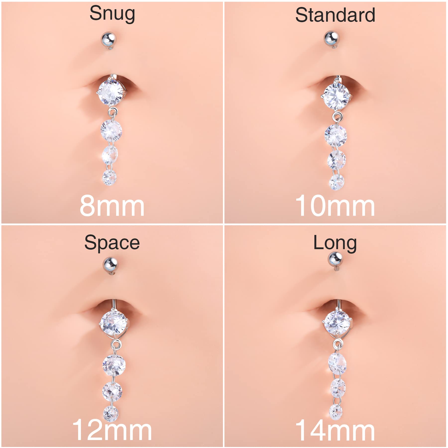 OUFER 14mm Belly Button Ring, 316L Surgical Steel Navel Rings, Charming CZ Navel Piercing Dangle, Curved Barbell