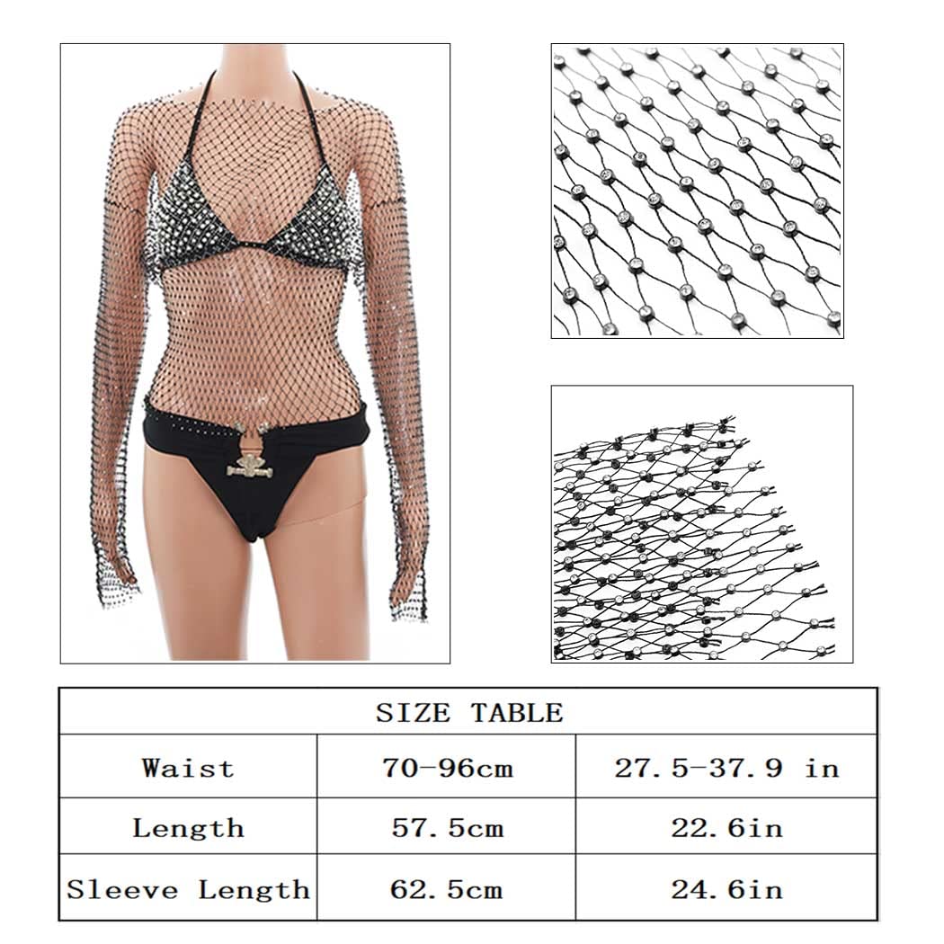 Formery Sexy Rhinestone Mesh Body Chains Top Long Sleeve Crystal Fishnet Cover Up Crop Top See Through Hollow Out Bikini Rave Top Swimsuit Coverups for Women and Girls(Black)