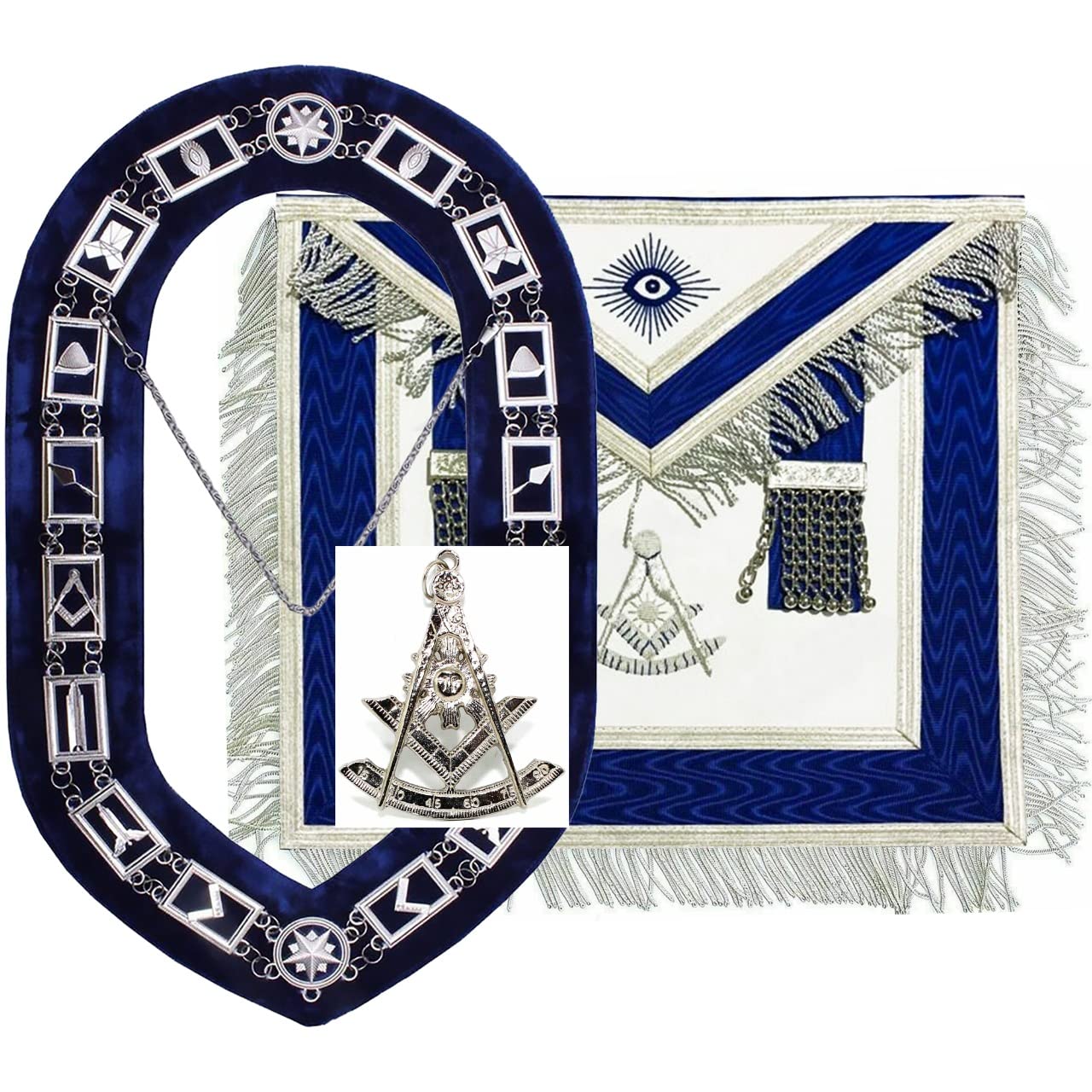 Masonic Regalia Past Master Blue Lodge Officer Apron Handmade and chain collar with Jewel Silver