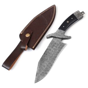 nooraki bk-342 handmade damascus steel fixed blade bowie knife with leather sheath, multipurpose knife, damascus bolster with black micarta handle and damascus guard for everyday carry, camping, hunting, 12 length