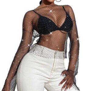 formery sexy rhinestone mesh body chains top long sleeve crystal fishnet cover up crop top see through hollow out bikini rave top swimsuit coverups for women and girls(black)