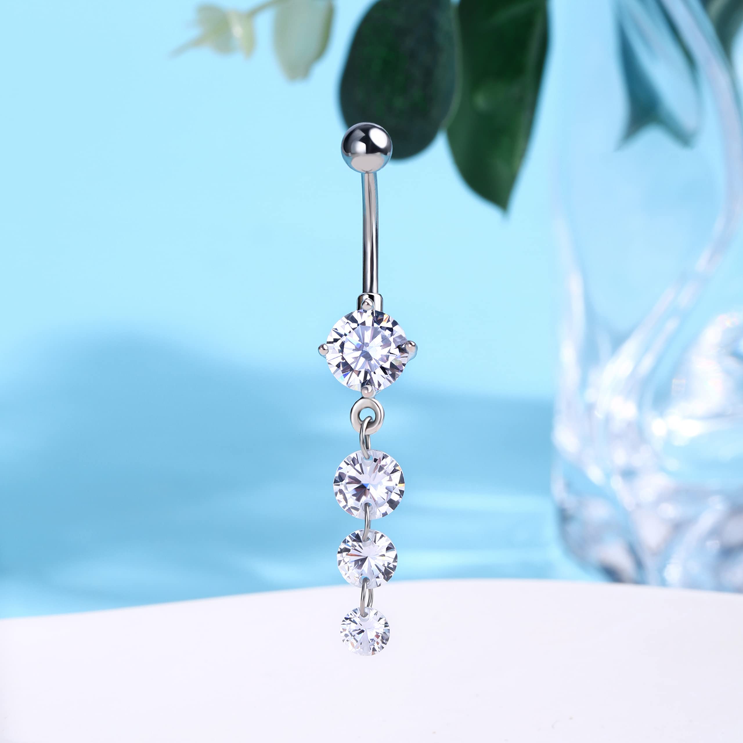 OUFER 14mm Belly Button Ring, 316L Surgical Steel Navel Rings, Charming CZ Navel Piercing Dangle, Curved Barbell