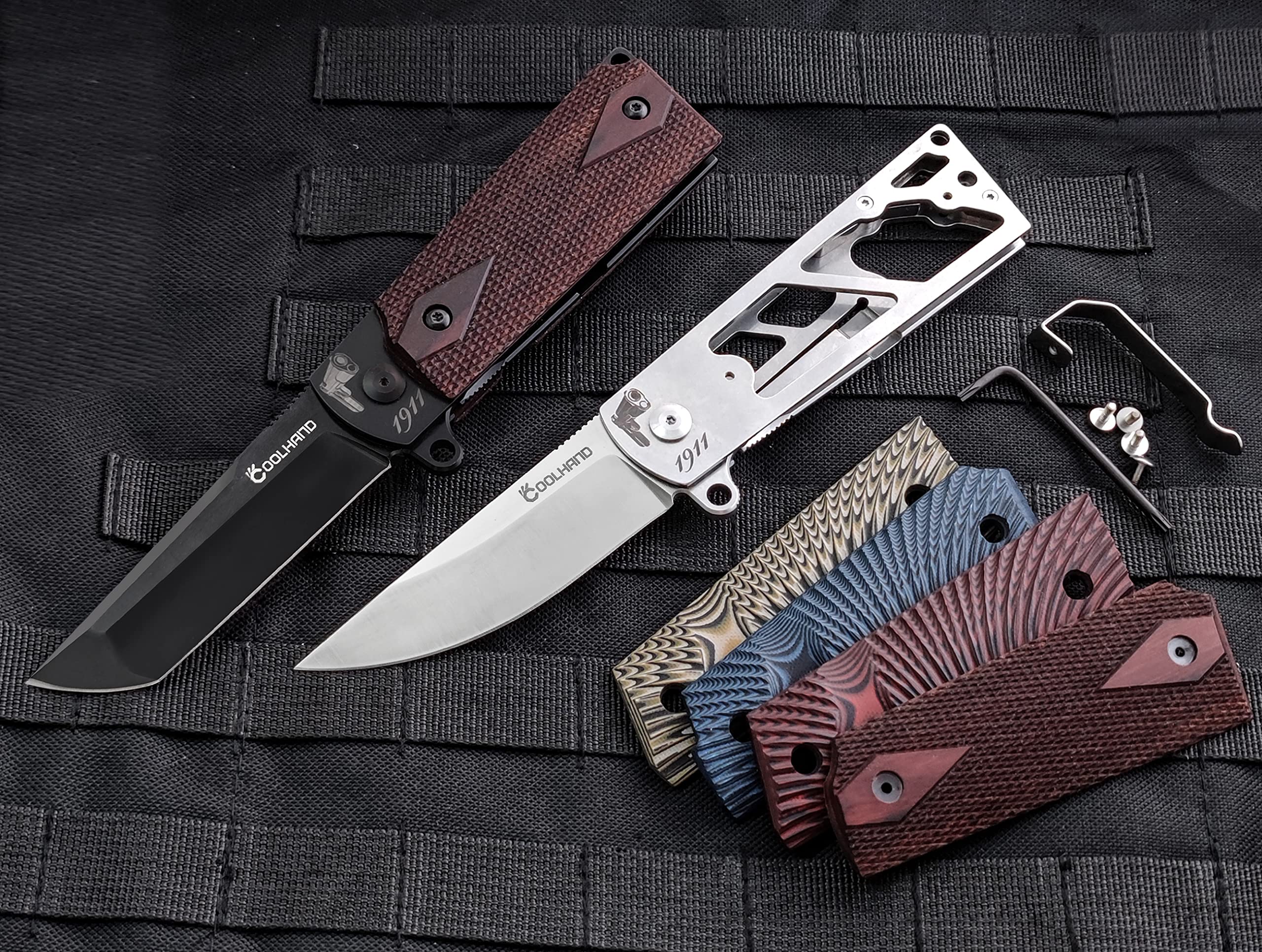 Cool Hand Heavy Duty EDC Folding Knife, Ball Bearing Survival Hunting Knives, 3.6" Tanto Stone Wash Finish D2 Steel Blade, 4.9'' Replaceable 1911 Wood Grip Handle, Liner Lock Mechanism