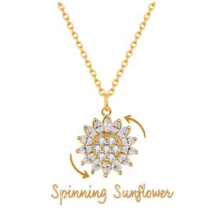 Bee Kind The Original Spinning Crystal Sunflower Necklace Made With 18K Gold Plating, Cubic Zirconia Stones, and comes with Personalized Gift with Box for Women