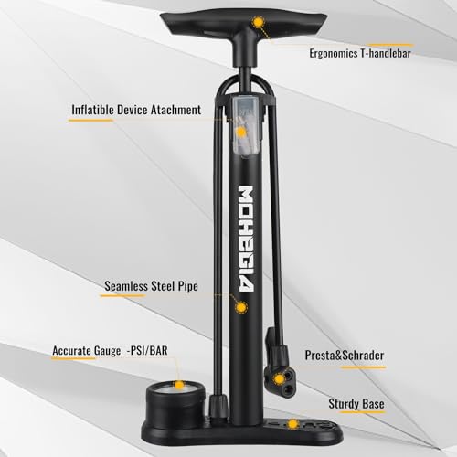 MOHEGIA Bike Floor Pump with Gauge,Air Bicycle Pump Inflator with High Pressure 160 PSI,Fits Schrader and Presta Valve