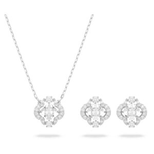 swarovski sparkling dance set, necklace and stud pierced earrings set with white crystal and matching pavé on a rhodium finish setting, part of the sparkling dance collection