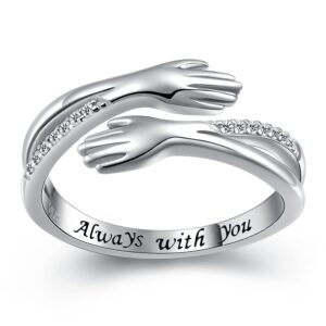 hug ring, s925 sterling silver hugging hands cz open ring engraved always with you embrace statement promise anniversary ring