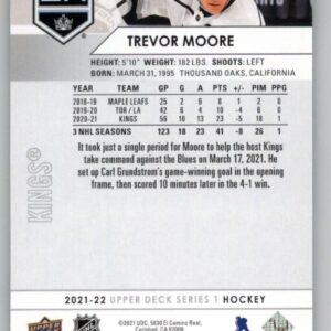 2021-22 Upper Deck Series One #85 Trevor Moore Los Angeles Kings Official NHL Hockey Card in Raw (NM or Better) Condition