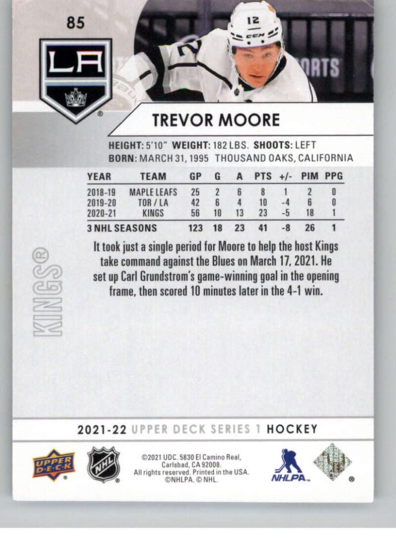 2021-22 Upper Deck Series One #85 Trevor Moore Los Angeles Kings Official NHL Hockey Card in Raw (NM or Better) Condition