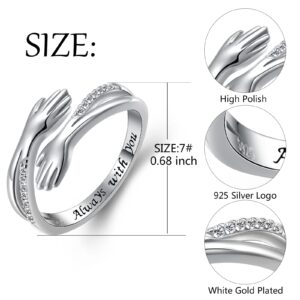 Hug Ring, S925 Sterling Silver Hugging Hands CZ Open Ring Engraved Always with You Embrace Statement Promise Anniversary Ring