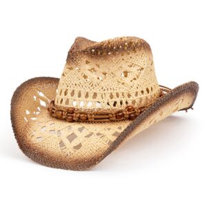 tovoso straw cowboy hat for women and men with shape-it brim, western cowboy hat, brown/beads - tea stain