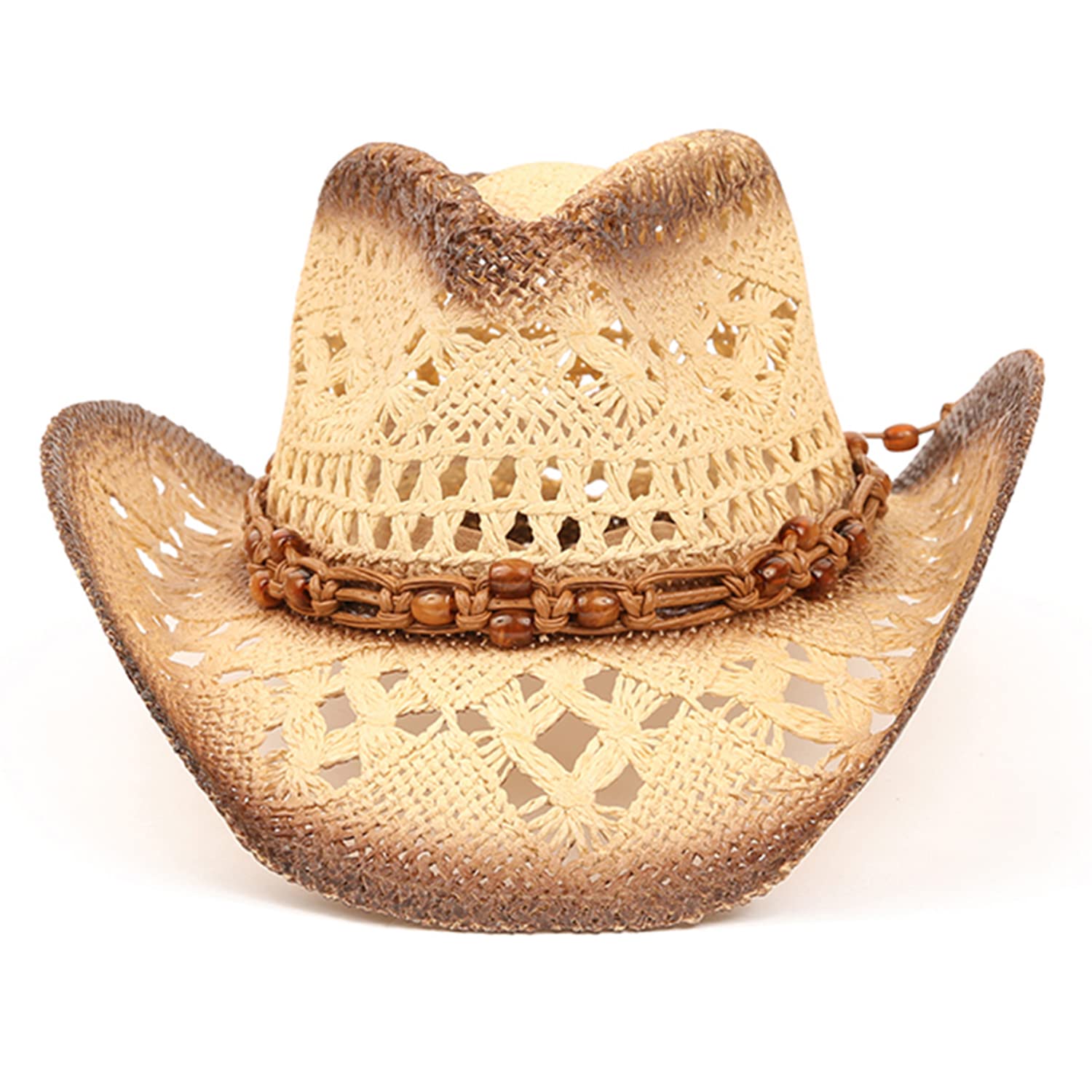 TOVOSO Straw Cowboy Hat for Women and Men with Shape-It Brim, Western Cowboy Hat, Brown/Beads - Tea Stain