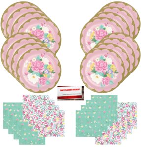 multiple brands floral tea party time wonderland birthday party supplies plates and napkins bundle pack for 16 guests (plus party planning checklist by mikes super store)