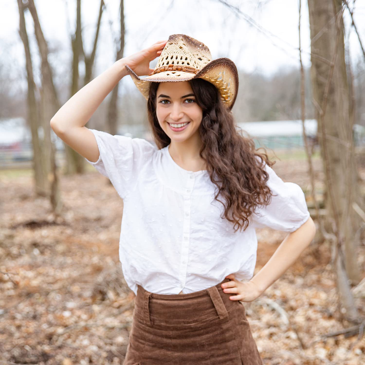 TOVOSO Straw Cowboy Hat for Women and Men with Shape-It Brim, Western Cowboy Hat, Brown/Beads - Tea Stain