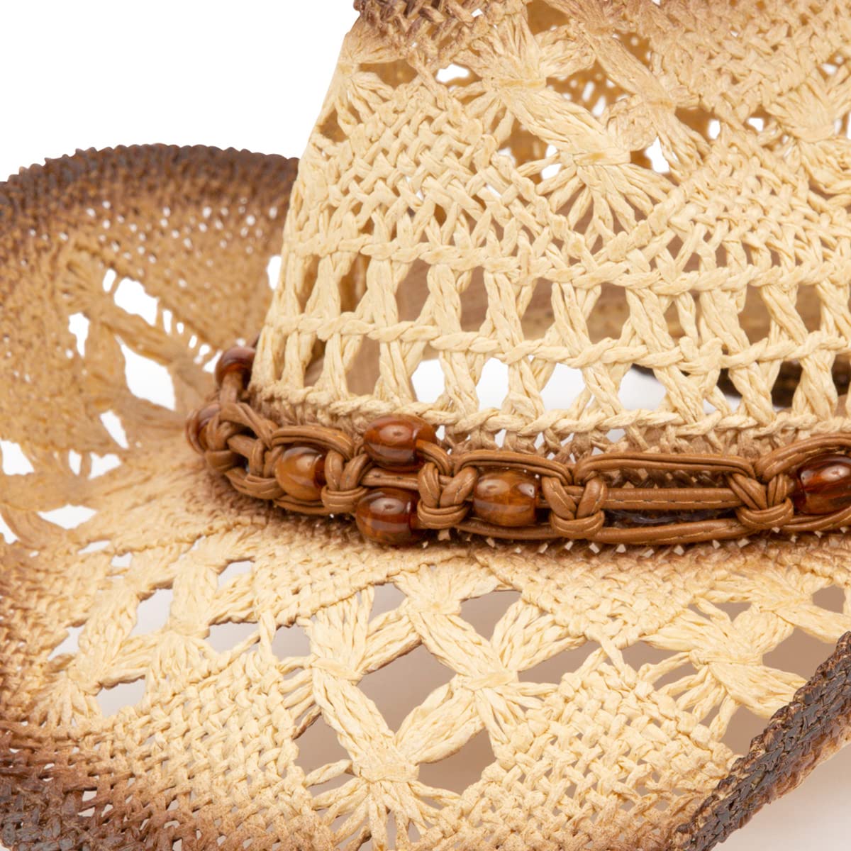 TOVOSO Straw Cowboy Hat for Women and Men with Shape-It Brim, Western Cowboy Hat, Brown/Beads - Tea Stain