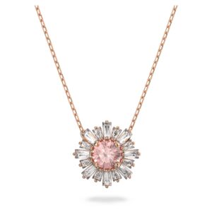 swarovski sunshine pendant necklace with pink and clear crystal sun motif on a rose-gold tone finish setting and simple chain, part of the sunshine collection