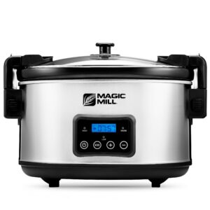 magic mill 8.5 quart extra large programmable slow cooker with digital adjustable 20 hour timer, 3 cooking settings, brushed stainless steel, with intelligent lid lock