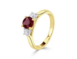 1 ct round created ruby & cubic zirconia three stone promise ring 14k yellow gold finish ring size-11