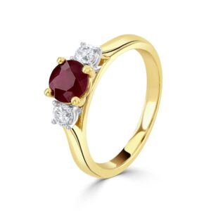 1 CT Round Created Ruby & Cubic Zirconia Three Stone Promise Ring 14k Yellow Gold Finish Ring Size-11