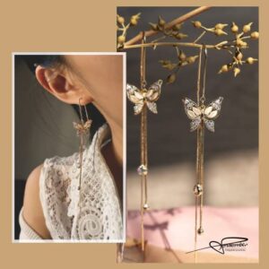 Sonateomber Long Gold Rhinestone Butterfly Threader Chain Dangle Tassel Earrings for Women – Cubic Zirconia Drop Chandelier Fringe Waterfall Dangling Jewelry Gift