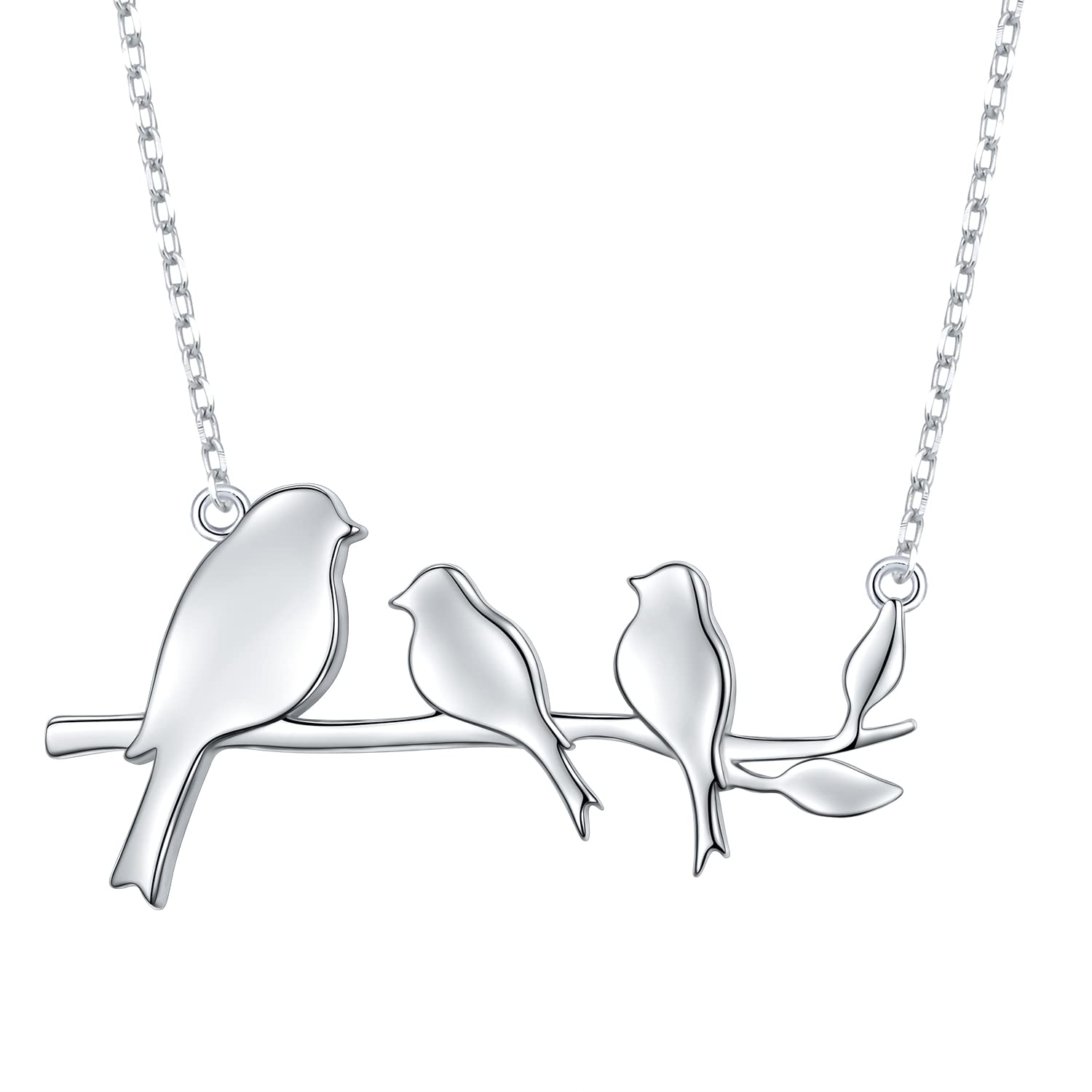 DAOCHONG 925 Sterling Silver 3 Birds on A Branch Necklace Mom and Babies Mother and Children Necklaces for Women Birthday Christmas (3 Birds - Sterling Silver)