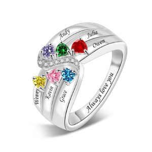 missnana personalized mother birthstone ring with 1-6 simulated cz birthstone sterling silver mother days ring custom engraved name rings for mom grandma women her (6 stone)