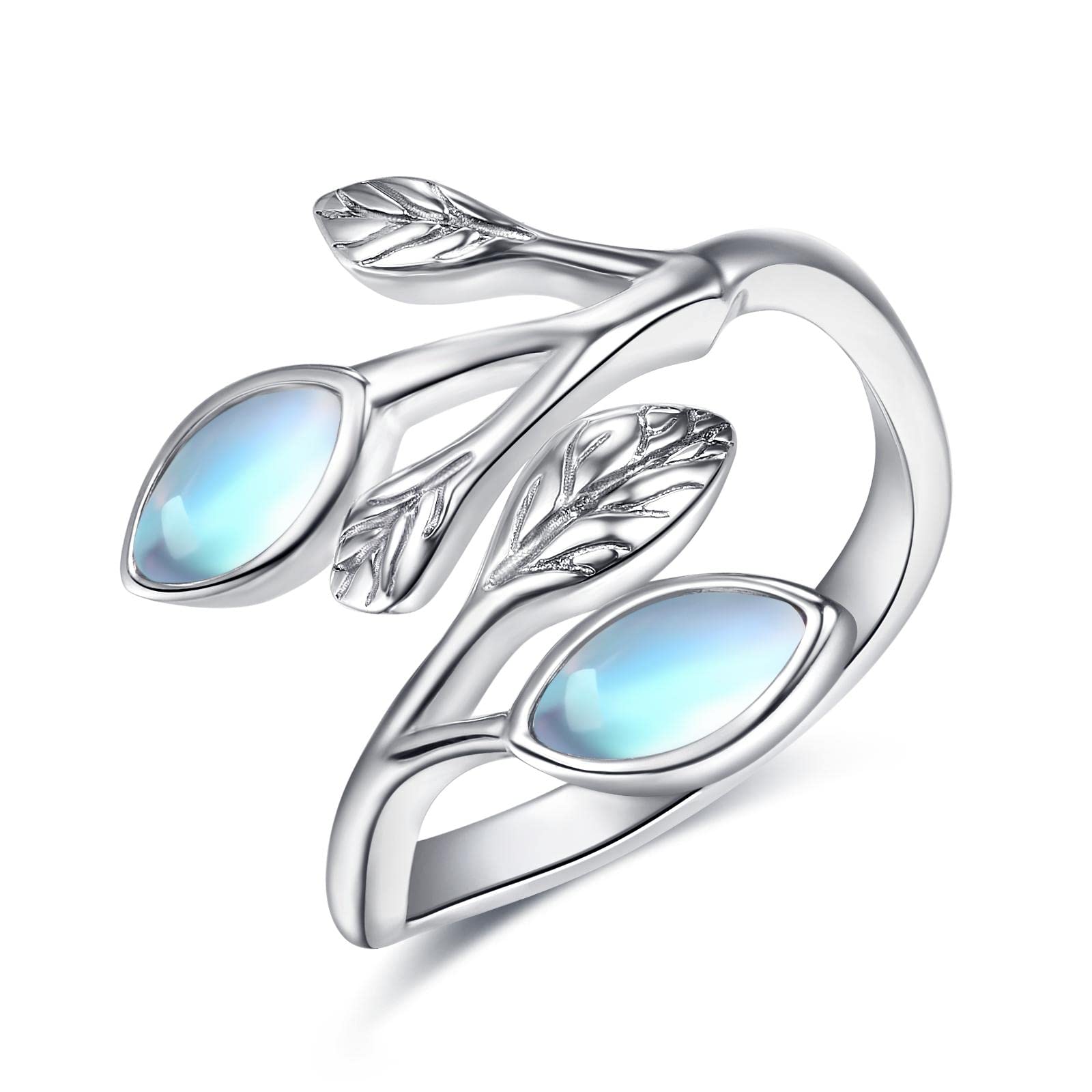 PRAYMOS 925 Sterling Silver Leaf Rings for Women Moonstone Ring Open Adjustable Wrap Rings Promise Engagement Wedding Rings