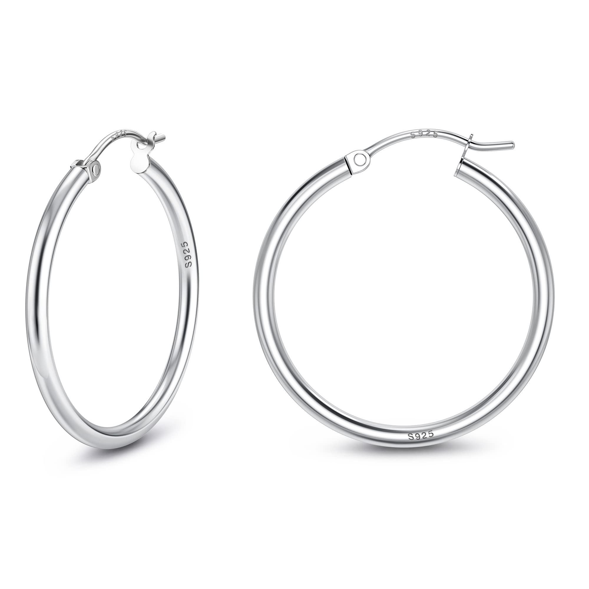 Milacolato Sterling Silver Hoop Earrings 2mm Thin Hoop Earrings 18K White Gold Plated Click-Top Huggie Hoops Earrings Small Medium Large Hoop Earrings for Women 25mm