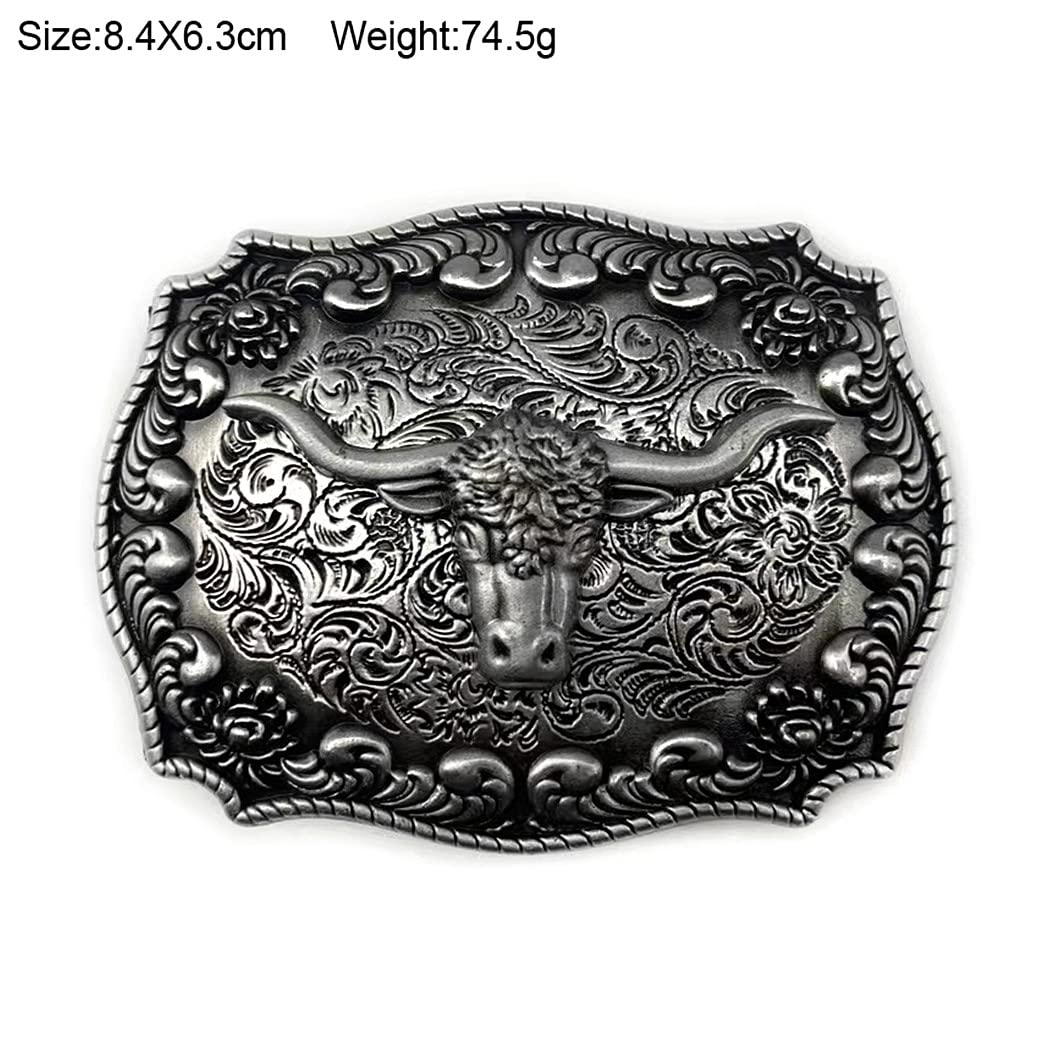 MULBA Vintage Style Alloy Belt Buckle American Cowboy Fashion Western 3D Engraved Cow Bull Head Belt Buckles (silver)