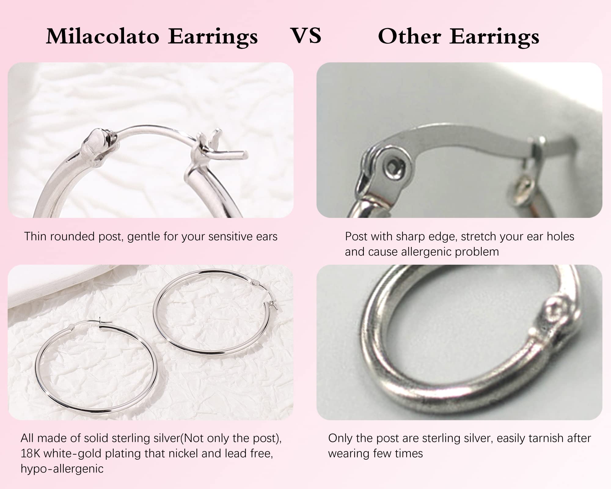 Milacolato Sterling Silver Hoop Earrings 2mm Thin Hoop Earrings 18K White Gold Plated Click-Top Huggie Hoops Earrings Small Medium Large Hoop Earrings for Women 25mm