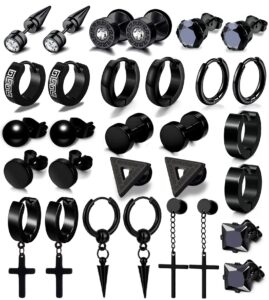 15 pairs earrings for men, black stainless steel earrings stud kit for men women fashion piercing jewelry cross dangle hoop earrings set