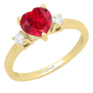 dazzlingrock collection 10k 7 mm heart lab created ruby & round diamond women 3 stone ring, yellow gold, size 8