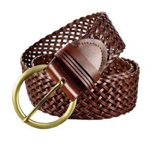 ANNULOYA 2 Inch Wide Leather Braided Belts for Women Hand Made Soft Woven Waistbands with Round Golden Pin Buckle (Brown)