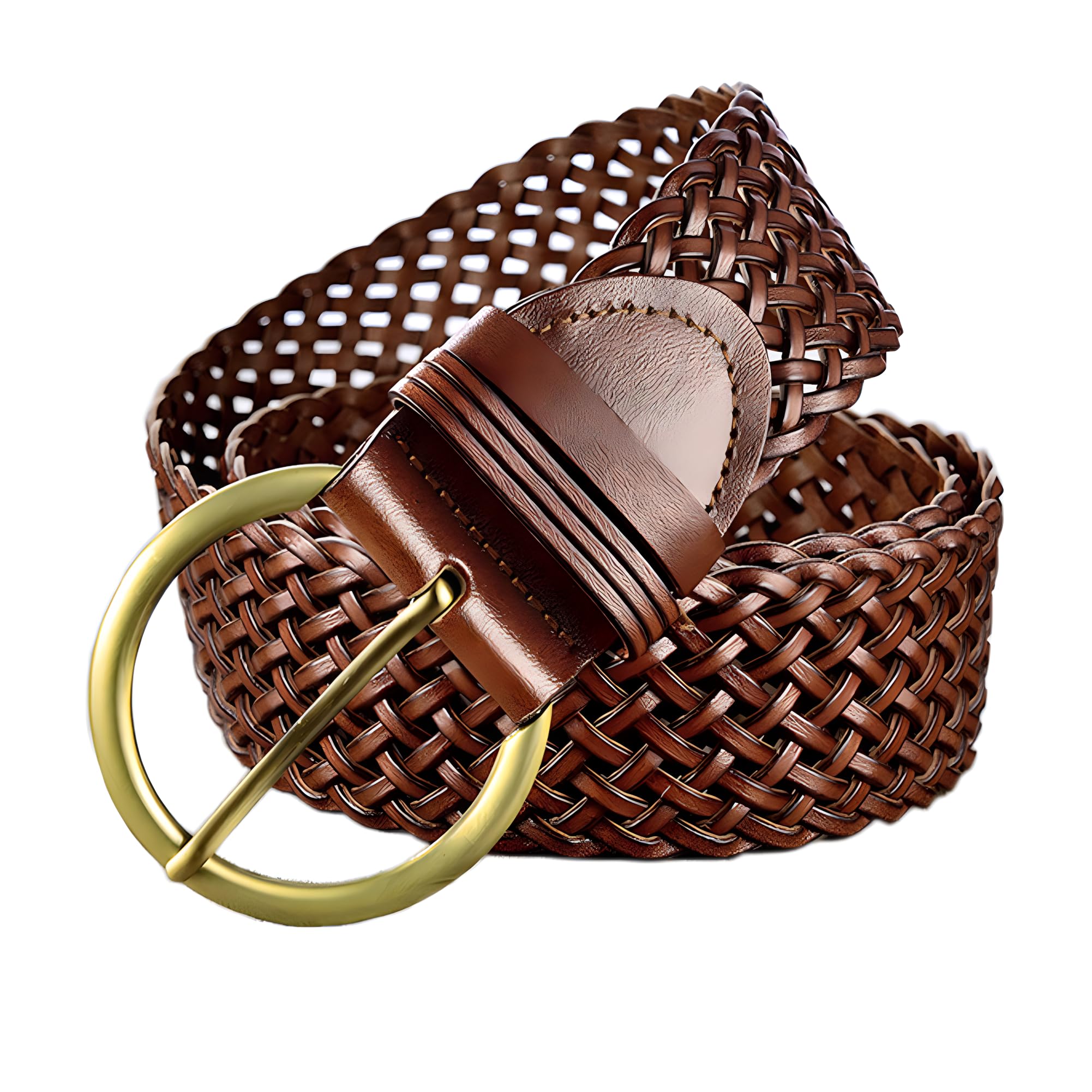 ANNULOYA 2 Inch Wide Leather Braided Belts for Women Hand Made Soft Woven Waistbands with Round Golden Pin Buckle (Brown)