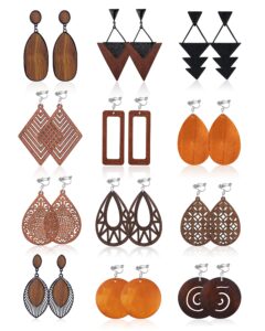 patisorna 12 pairs wooden clip on earrings for women african natural wooden dangle earrings lightweight drop earrings ethnic statement drop earrings set style a